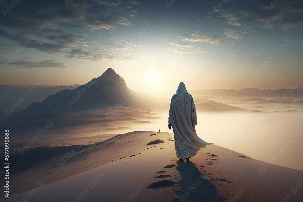 silhouette of Jesus in a bath of ray light walking in the desert at ...