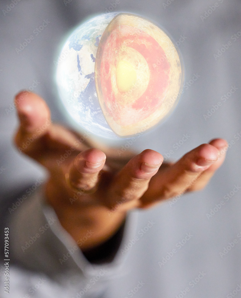 Globe hologram, earth and hands of woman with 3d digital model for ...