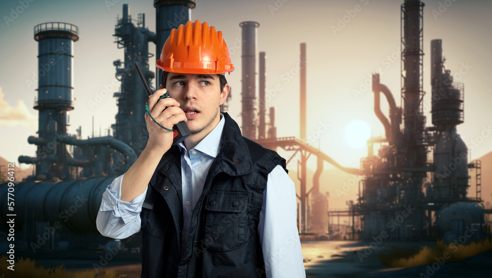 Young engineer talking by walkie talkie - background was generated with ...