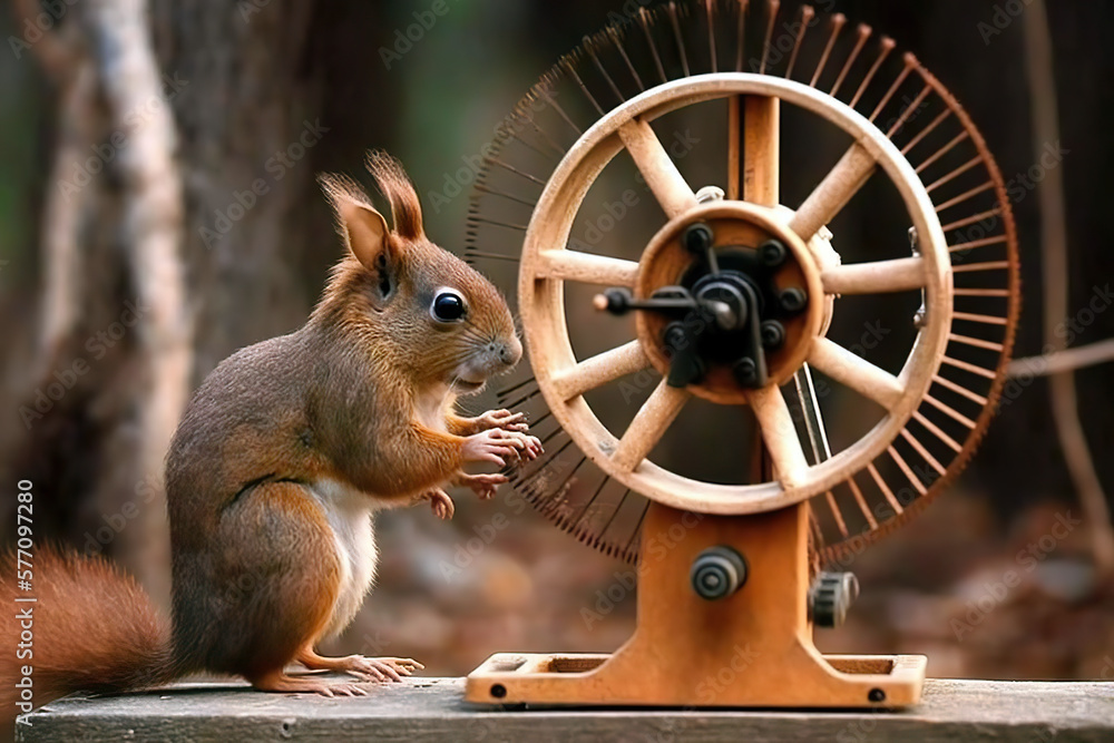 ภาพประกอบสต็อก The story of the squirrel and the wheel in everyday life, squirrel wheel. A real ...