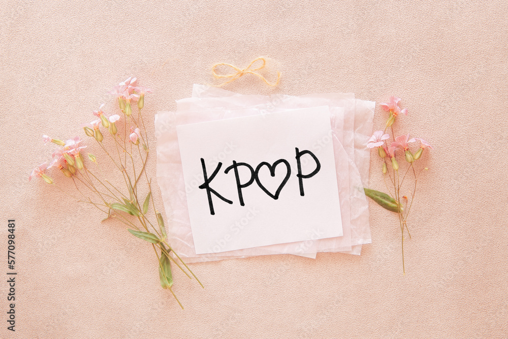 Kpop with heart - korean pop music concept, card with text and flowers ...