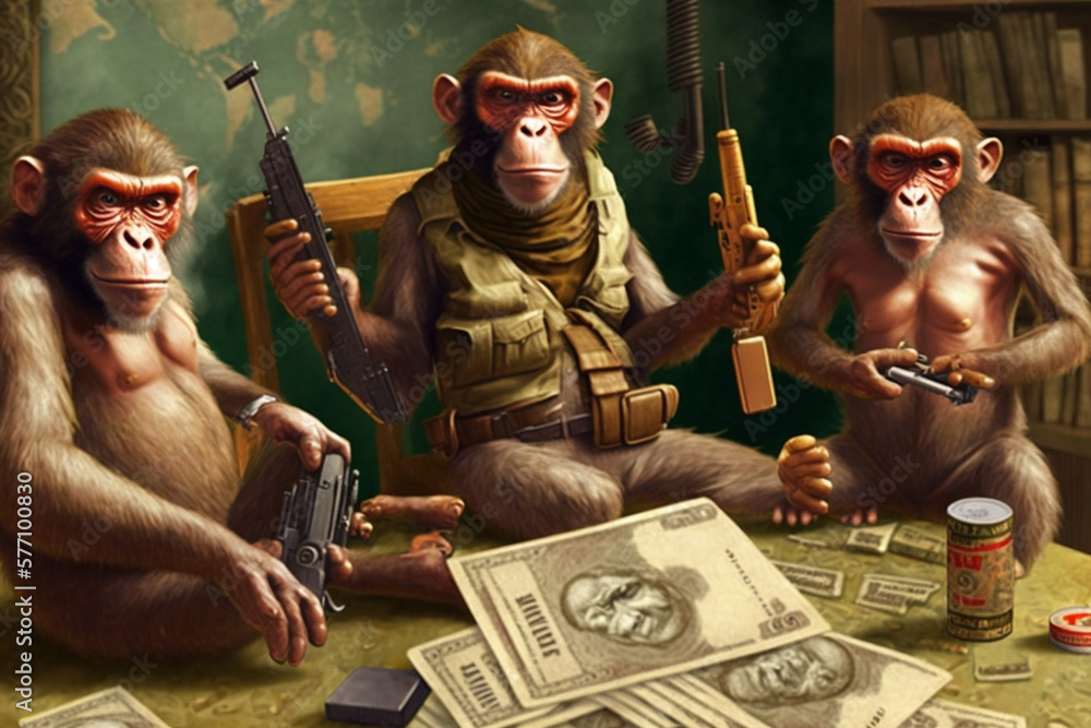 Monkeys dressed in business suits holding guns and rifles, with money ...
