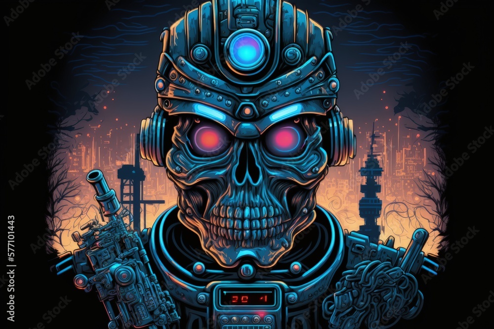 Sci fi skull face cartoon cop robot. A cyberpunk police robot watches ...