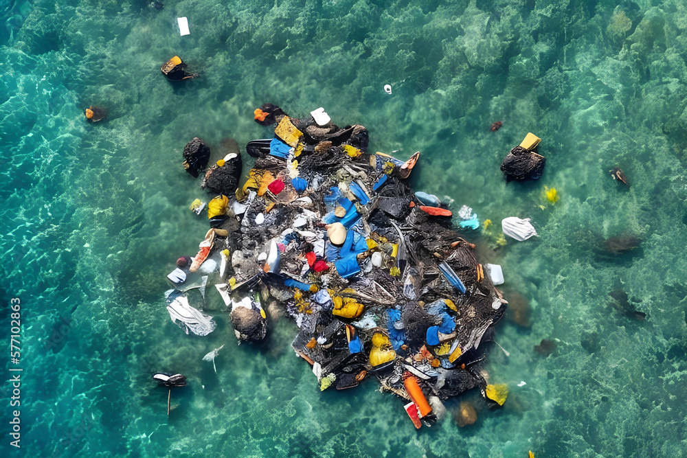 variety of small debris in the ocean, top view generative ai Stock ...