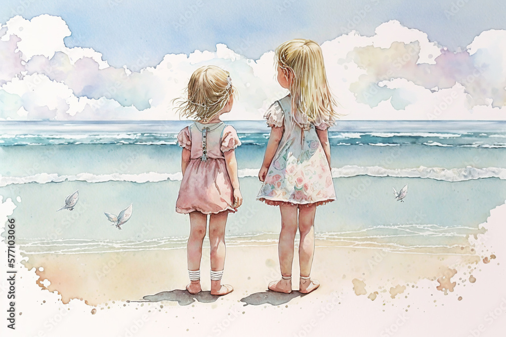 Two little girls standing on the beach looking at the ocean watercolor ...