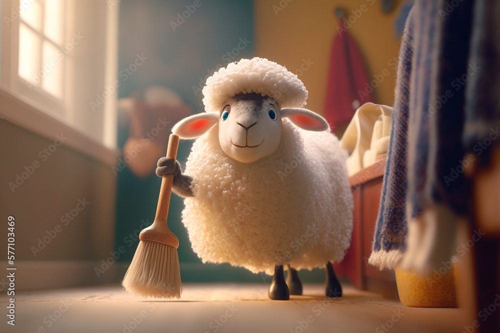 Little sheep cleaning its house with broom and cleaning tools Stock ...