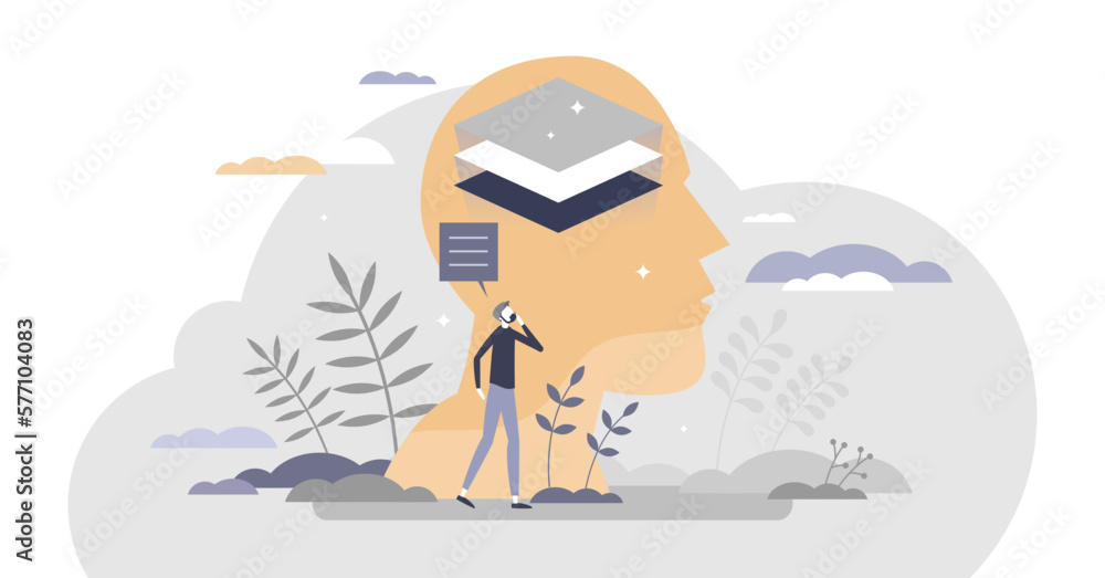 Thought layers in mind as multiple different thoughts tiny person ...