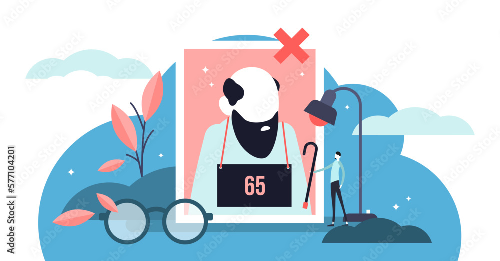 Ageism illustration, transparent background. Flat tiny old persons ...