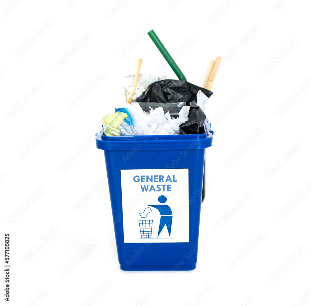 The concept of waste classification for recycling. Blue bin for general ...