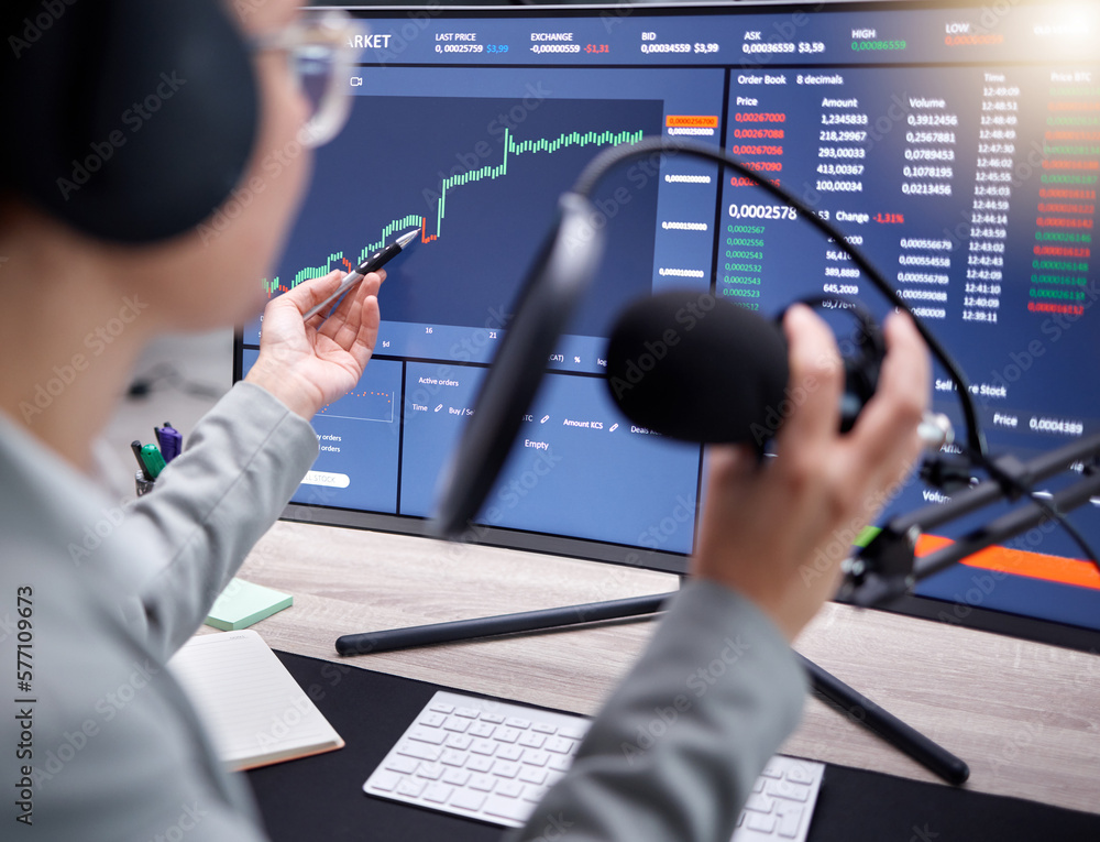 Stock market podcast, microphone and digital graph of investment growth ...