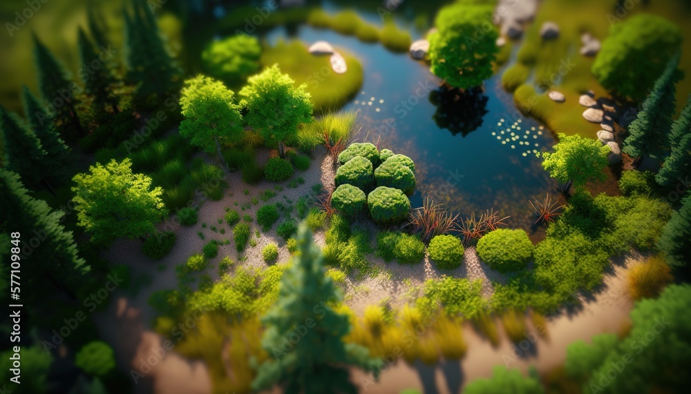 an aerial view of a pond surrounded by trees and bushes, with a few ...