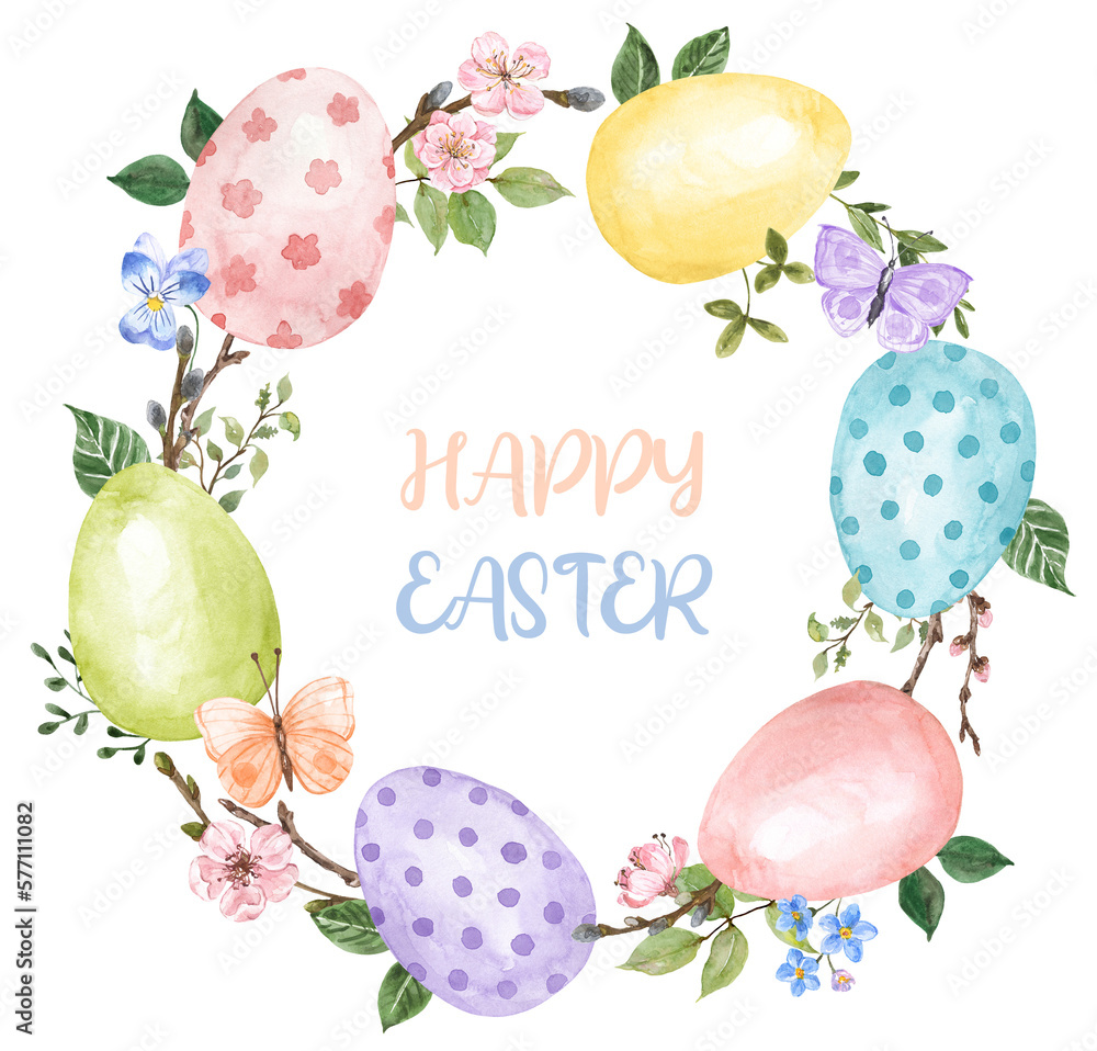 Easter eggs and green foliage wreath made in pastel color palette ...