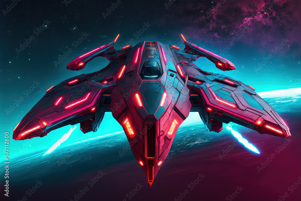 Battle spaceship with neon lights. Futuristic flight in space ... Battle spaceship with neon lights. Futuristic flight in space ...