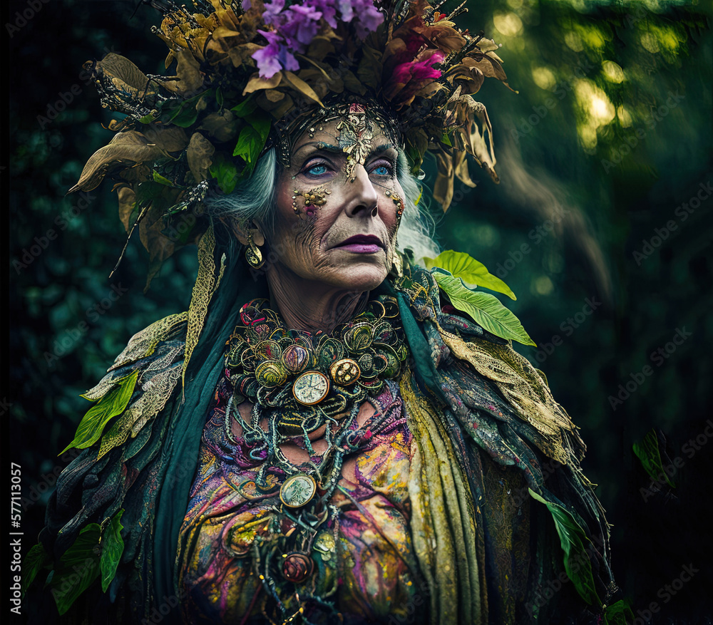 Nature witches, middle-aged, elder woman connected to nature, beautiful ...