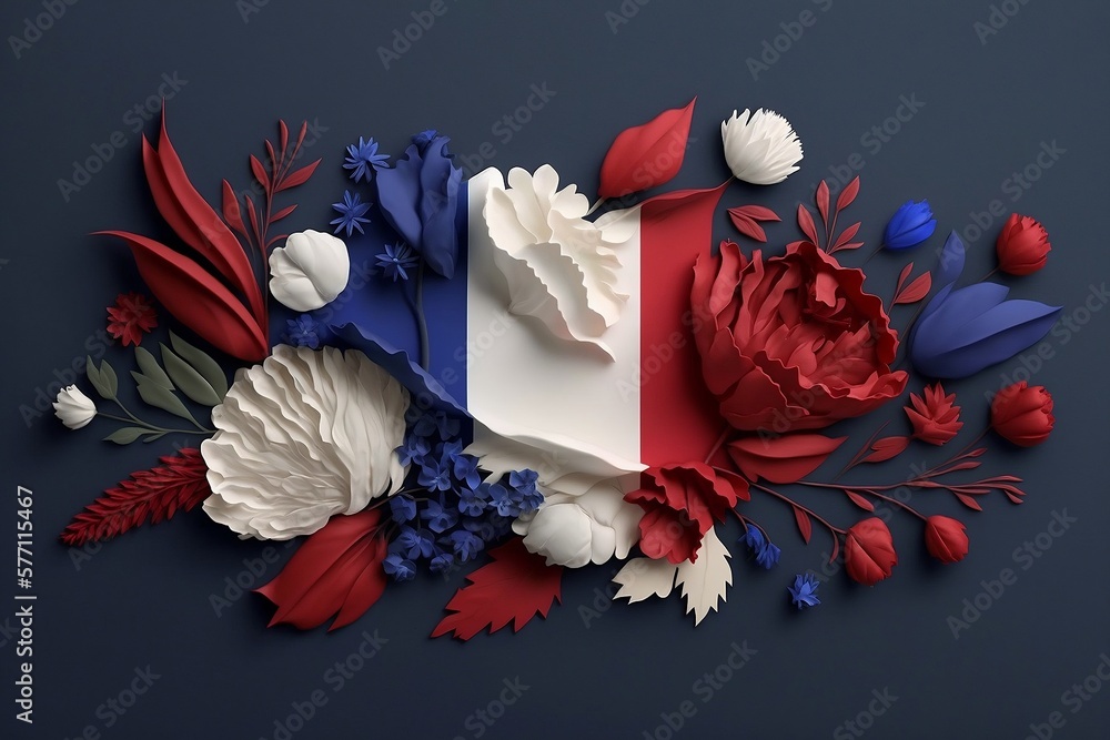 drapeau Français fait avec des fleurs - arrière-plan bleu, blanc et ...