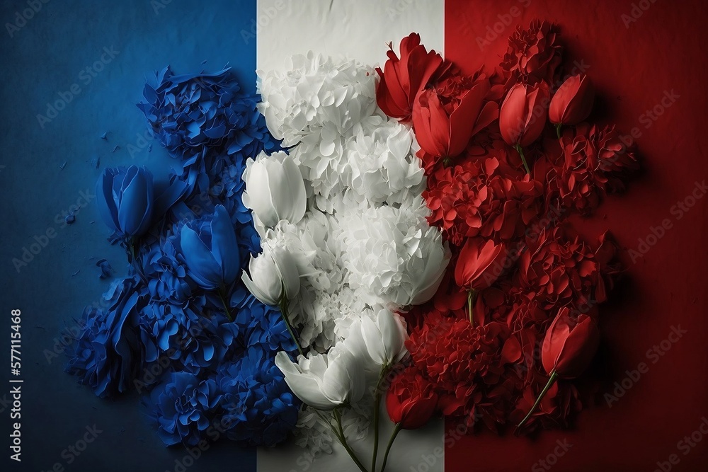 drapeau Français fait avec des fleurs - arrière-plan bleu, blanc et ...