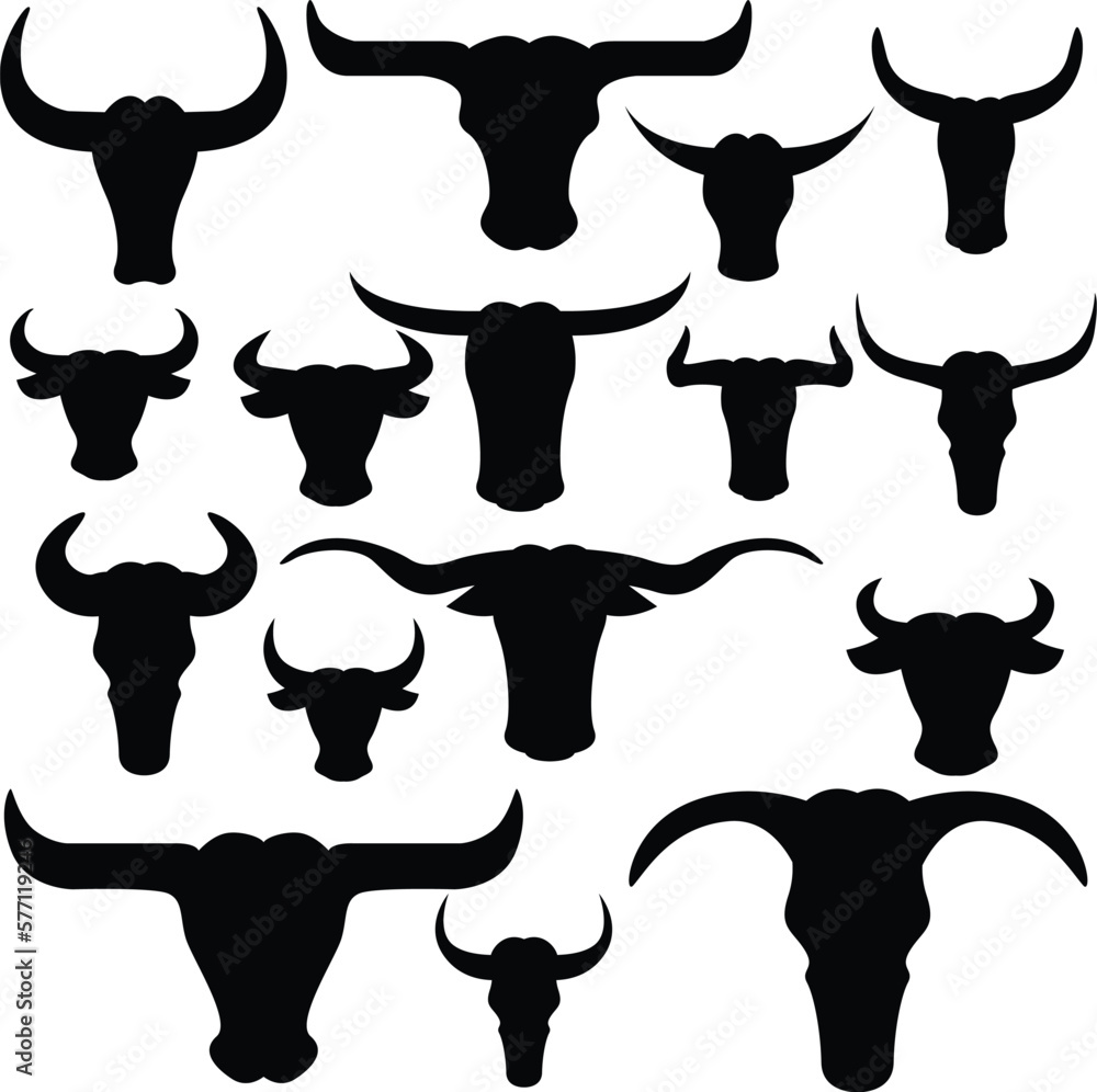 Cow and bull head icon. Bull vector icon set Horned bull cow ...