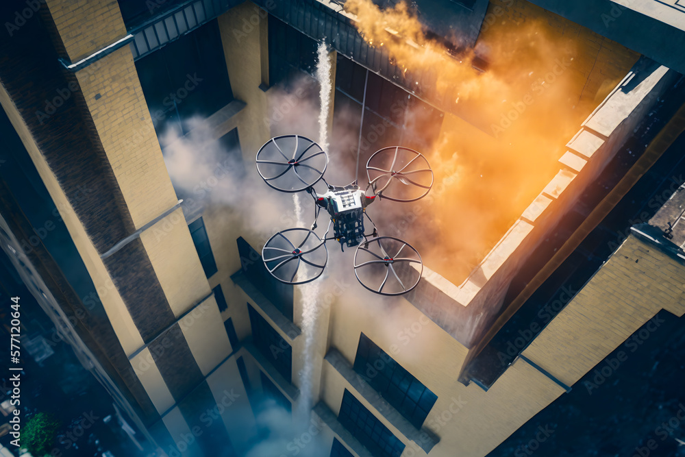 Fire fighting drone flying for extinguish a fire on a residential high ...