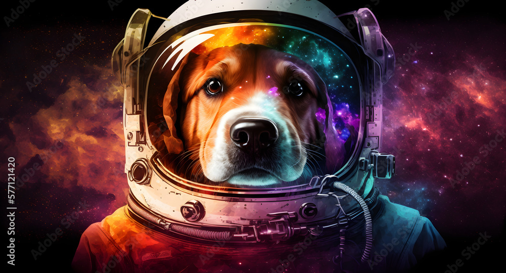 Front view astronaut dog potrait. Astronaut dog in space suit with ...