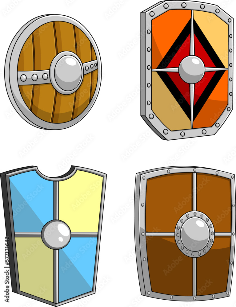 Cartoon Medieval Shields Weapons. Vector Hand Drawn Collection Set ...