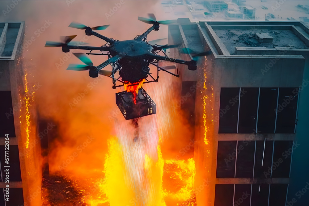 ภาพประกอบสต็อก Fire fighting drone flying for extinguish fire water and ...
