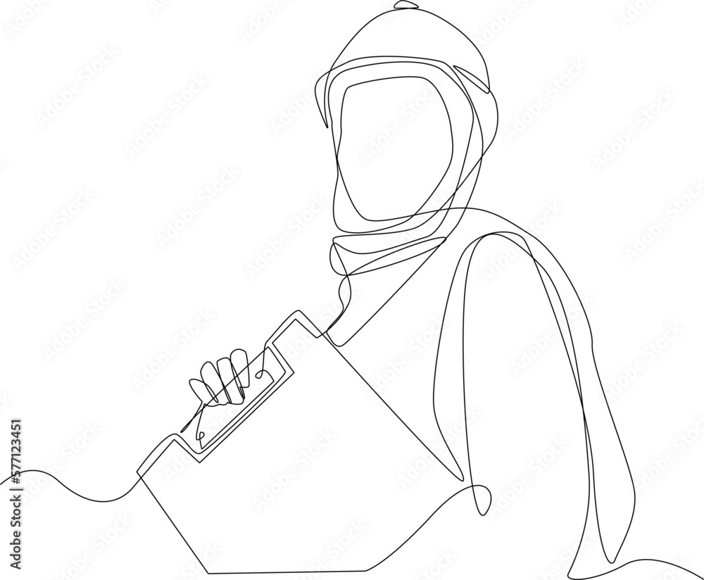 Single continuous line drawing of young female architect holding ...