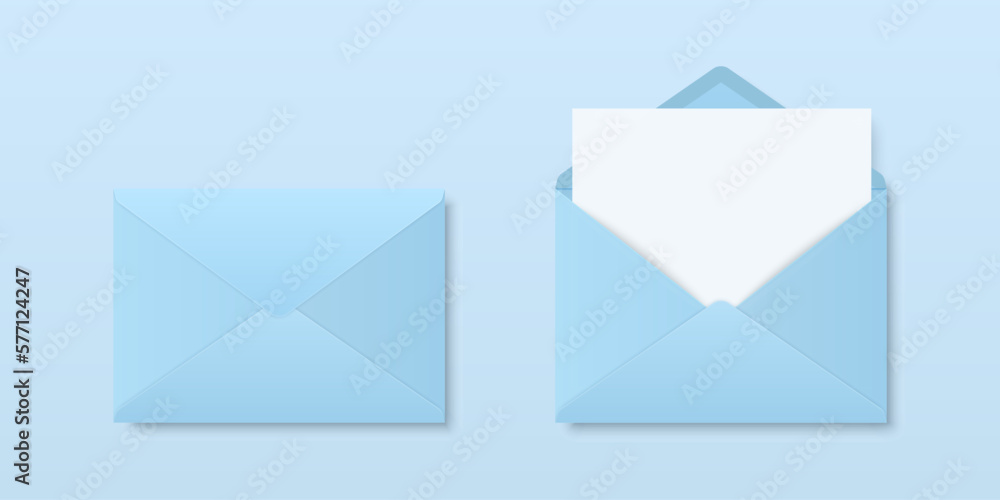 Vector Realistic Blank Blue Closed, Opened Envelopes with Letter Inside. Folded, Unfolded White ...