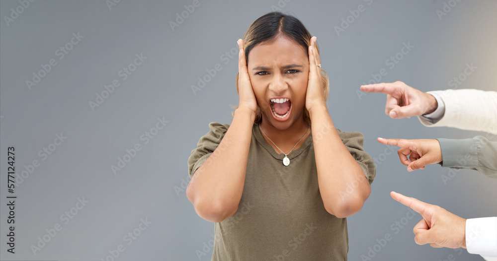 Shouting, pointing and fingers with portrait of woman for bullying ...