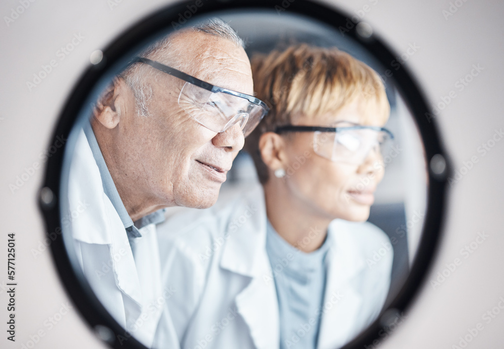 Science, research and team in laboratory incubator window for ...