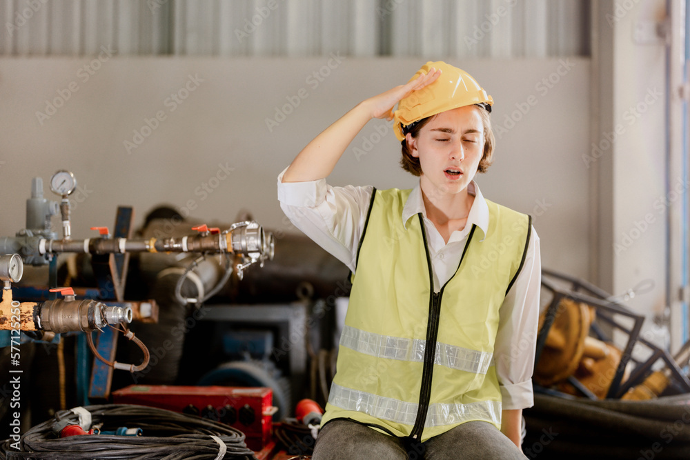worker woman sitting on a machine and suffering stress fail at factory ...