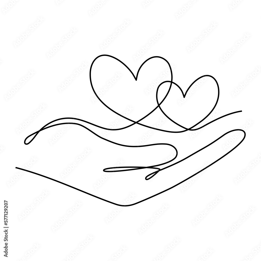 Human arm holding two hearts line continuous drawn. Hands hold two ...