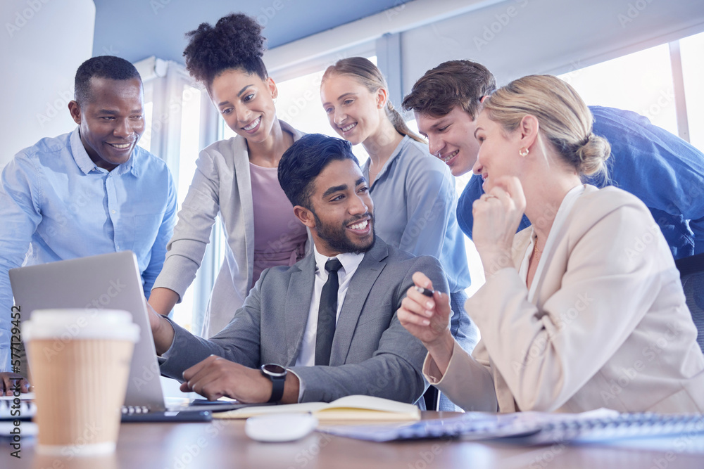 Business people, laptop and team collaboration in meeting, planning or ...