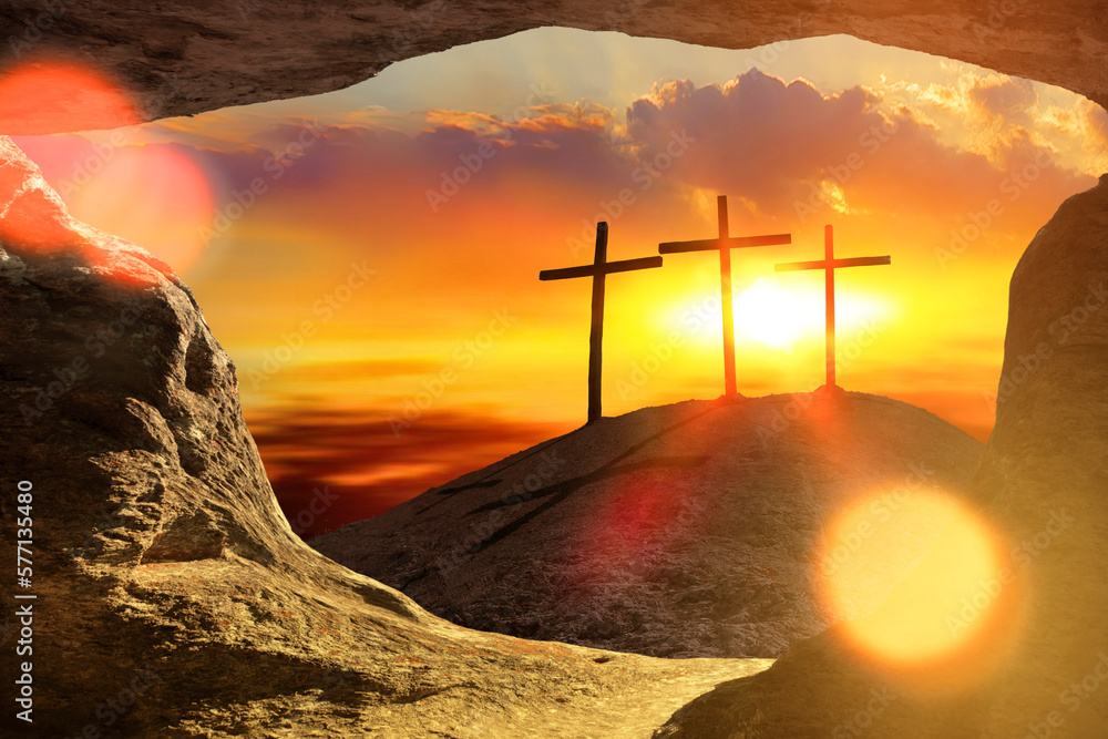 Three wooden crosses on a hill in the morning. Concept of Crucifixion ...