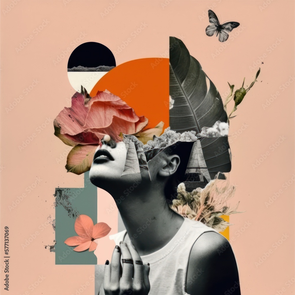 Various colored objects on the face black and white portrait and ...