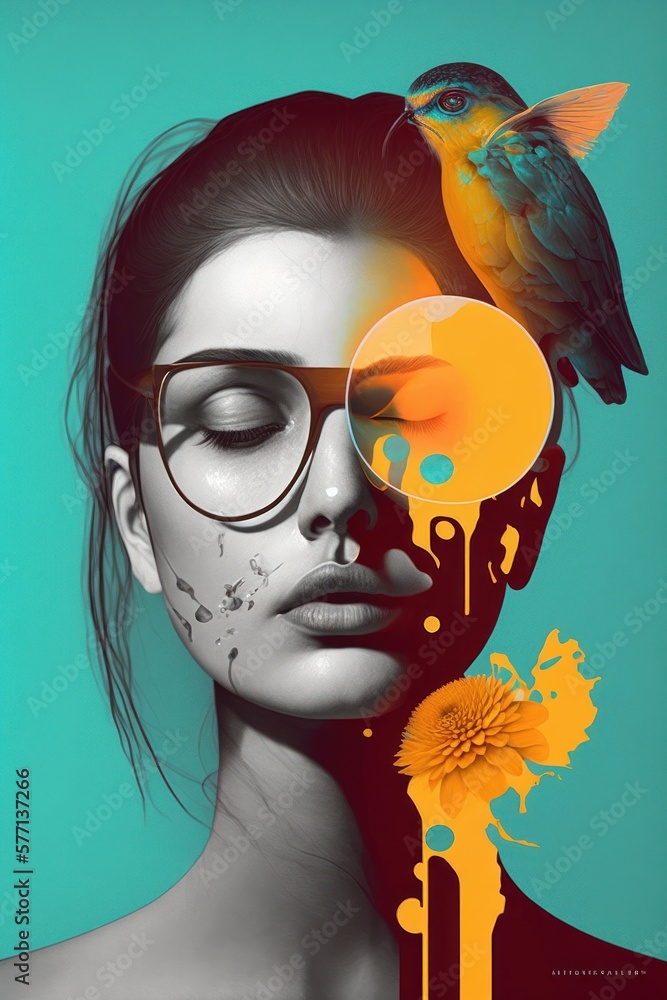 Abstract contemporary art portrait of woman. Bird and color paint ...