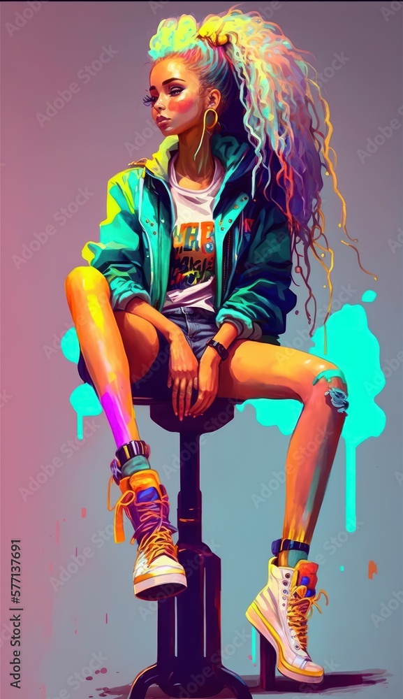 Abstract neon watercolor dream sitting girl with long legs, wide hips ...