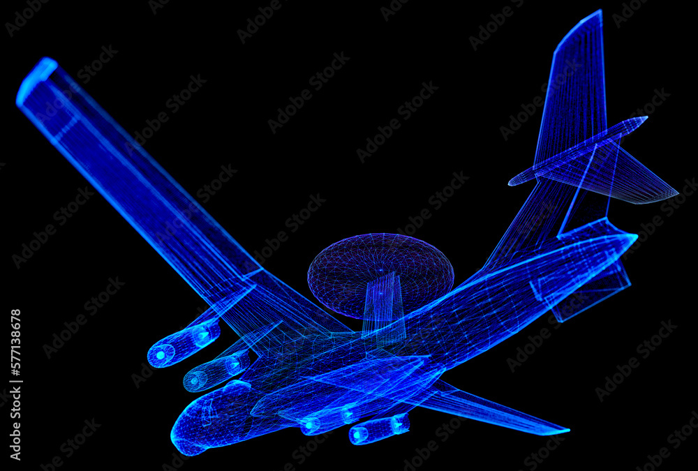 AWACS jet airplane. Glowing neon particles and blue lights formation of ...