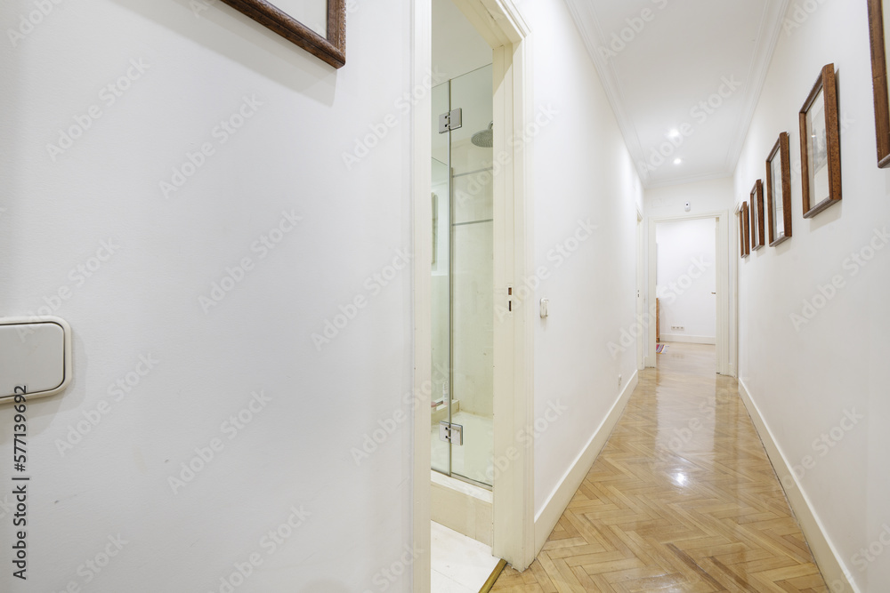 Distributor corridor of a house with shiny oak wood floors, access to a ...