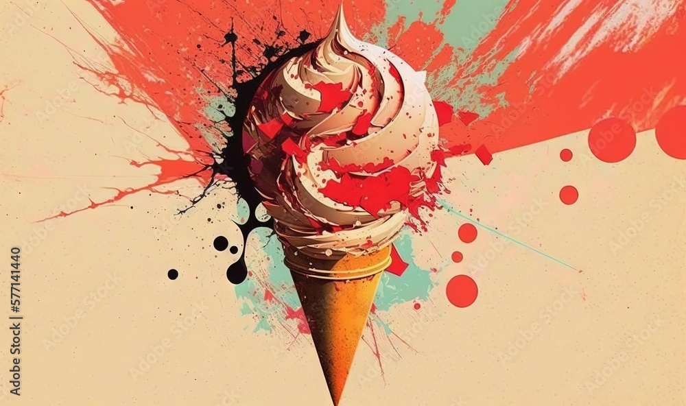 an ice cream cone with splatters and paint splatters on it's sides ...