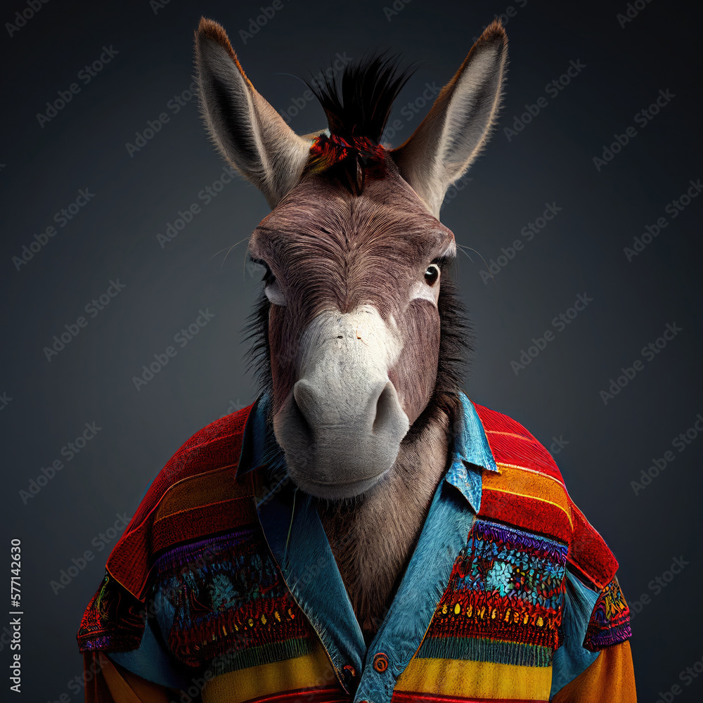 Portrait of donkey in human clothing. Creative portrait of wild animal ...