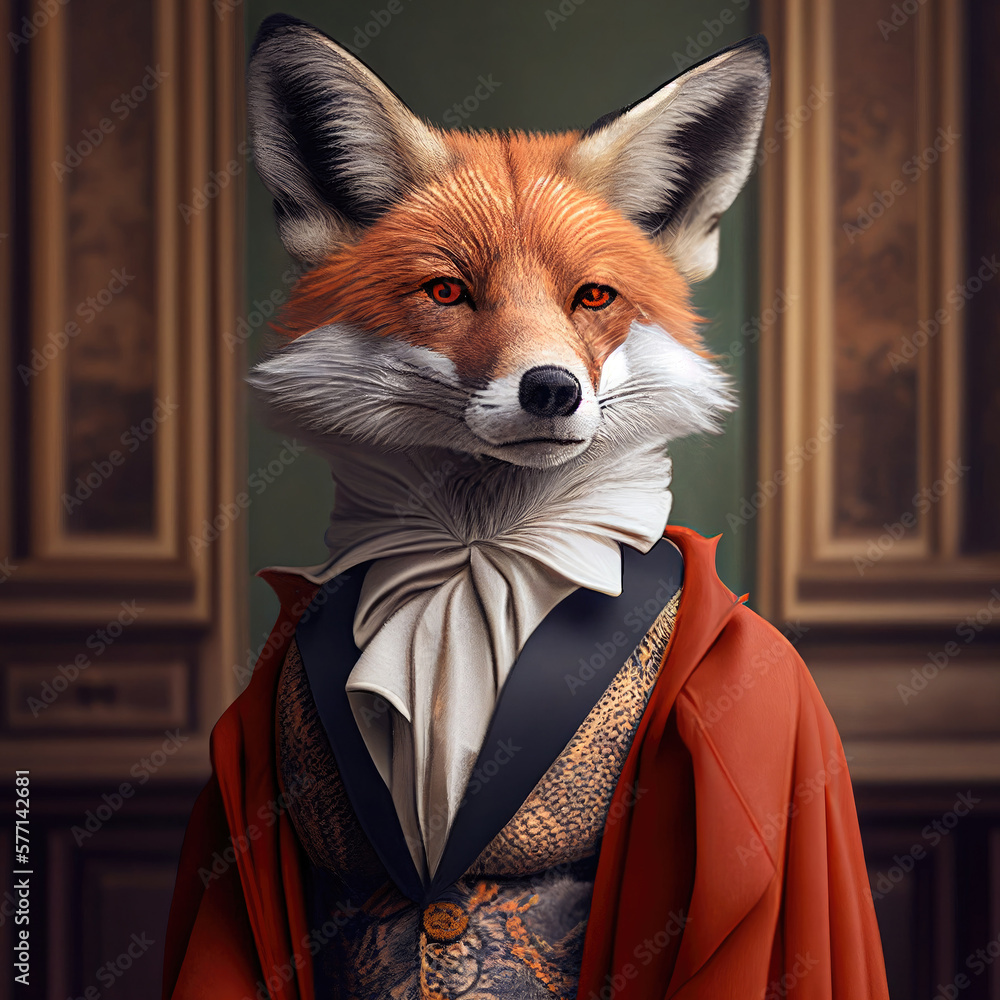 Portrait of fox in human clothing. Creative portrait of wild animal on ...