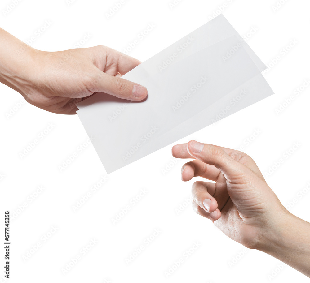 Hands sharing two blank sheets of paper (tickets, flyers, invitations ...