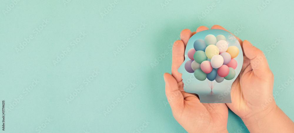 Hands holding head, brain with colorful balloons, self care, freedom ...