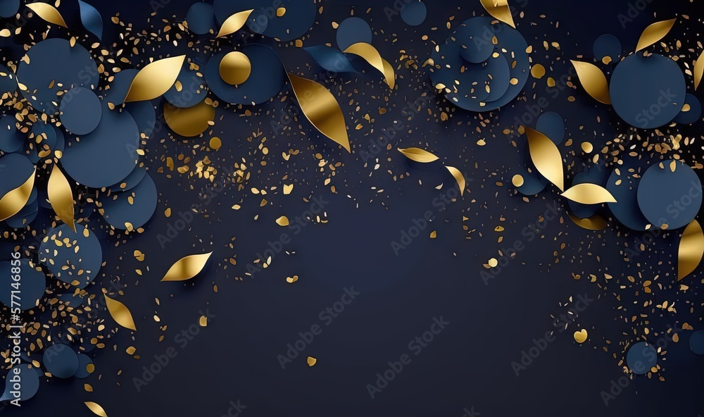 a blue and gold background with gold confetti and a black background ...