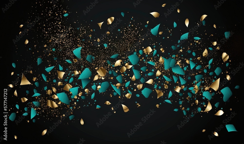 a black background with blue and gold confetti and gold confetti on the ...