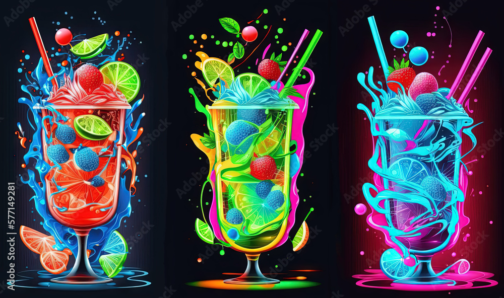three colorful cocktails with splashes of ice and strawberries and ...