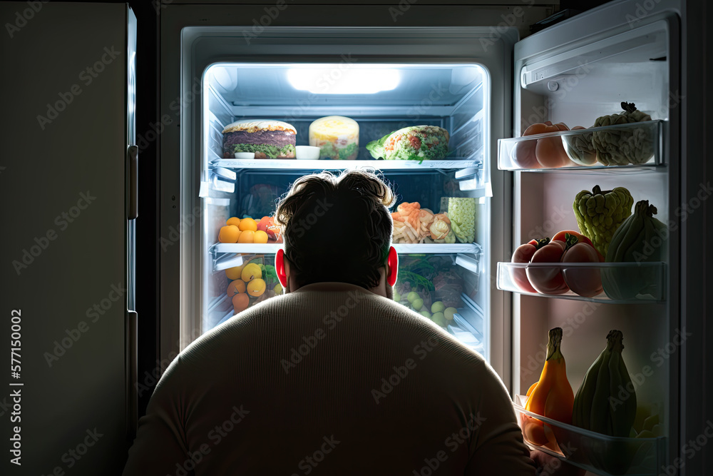 AI generative illustration of a hungry obese man looking at food in the ...