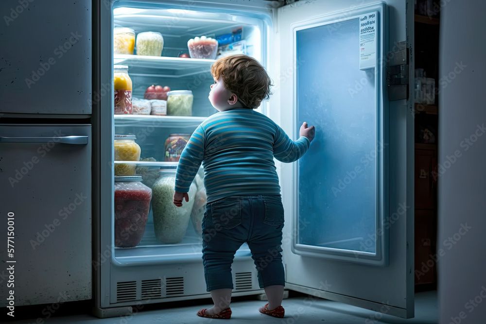 Generative Illustration Ai of an obese boy looking at food in the ...
