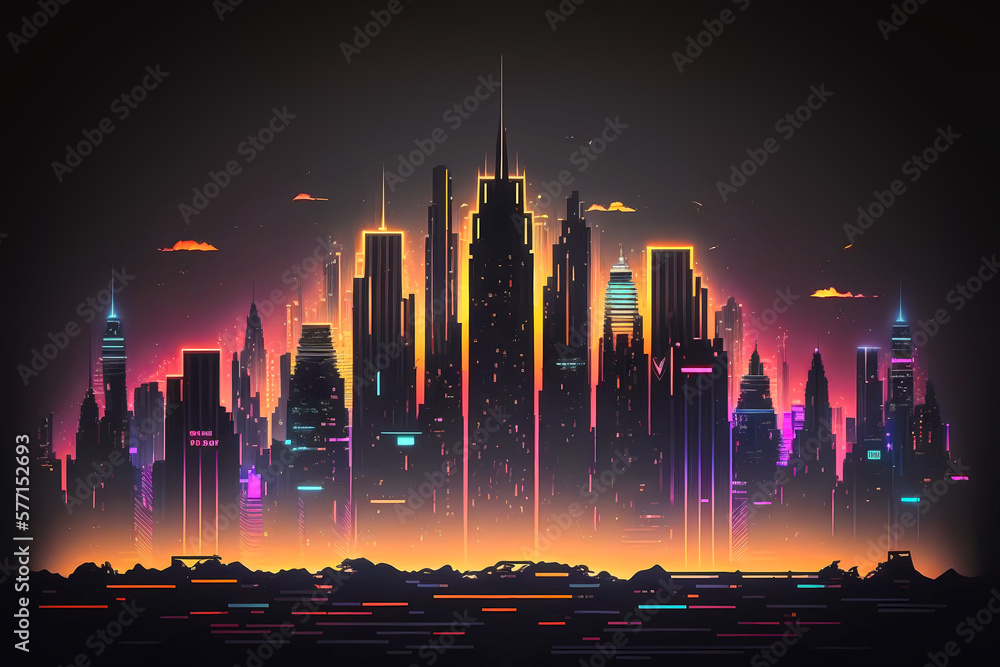 psychedelic neon city skyline at night, created with generative ai ...