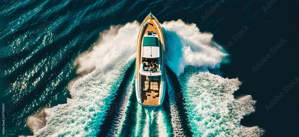 Ilustrace „A luxurious motor boat is speeding across the blue sea ...